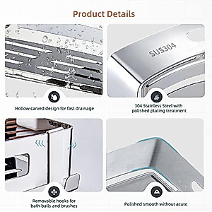 Noele Shower Caddy Organizer Shelves 2 Packs, No Drilling Adhesive Storage Basket with Removable Hooks, SUS304 Stainless Steel Rustproof Shower Rack for Bathroom Kitchen, Silver