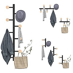 Jakyitvi Detachable Coat Rack Wall Mounted with 9 Hooks, Vertical or Horizontal Coat Hooks, DIY 1/2/3-Section Hat Rack, Metal and Wooden Hooks for Hanging, for Bathroom Entryway Bedroom