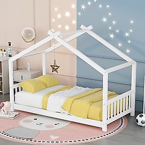 Harper & Bright Designs Twin House Bed for Kids, Floor Bed Frame Twin with Headboard and Footboard, Wooden Twin Kids Bed Montessori Floor Bed for Toddlers, Girls, Boys,White