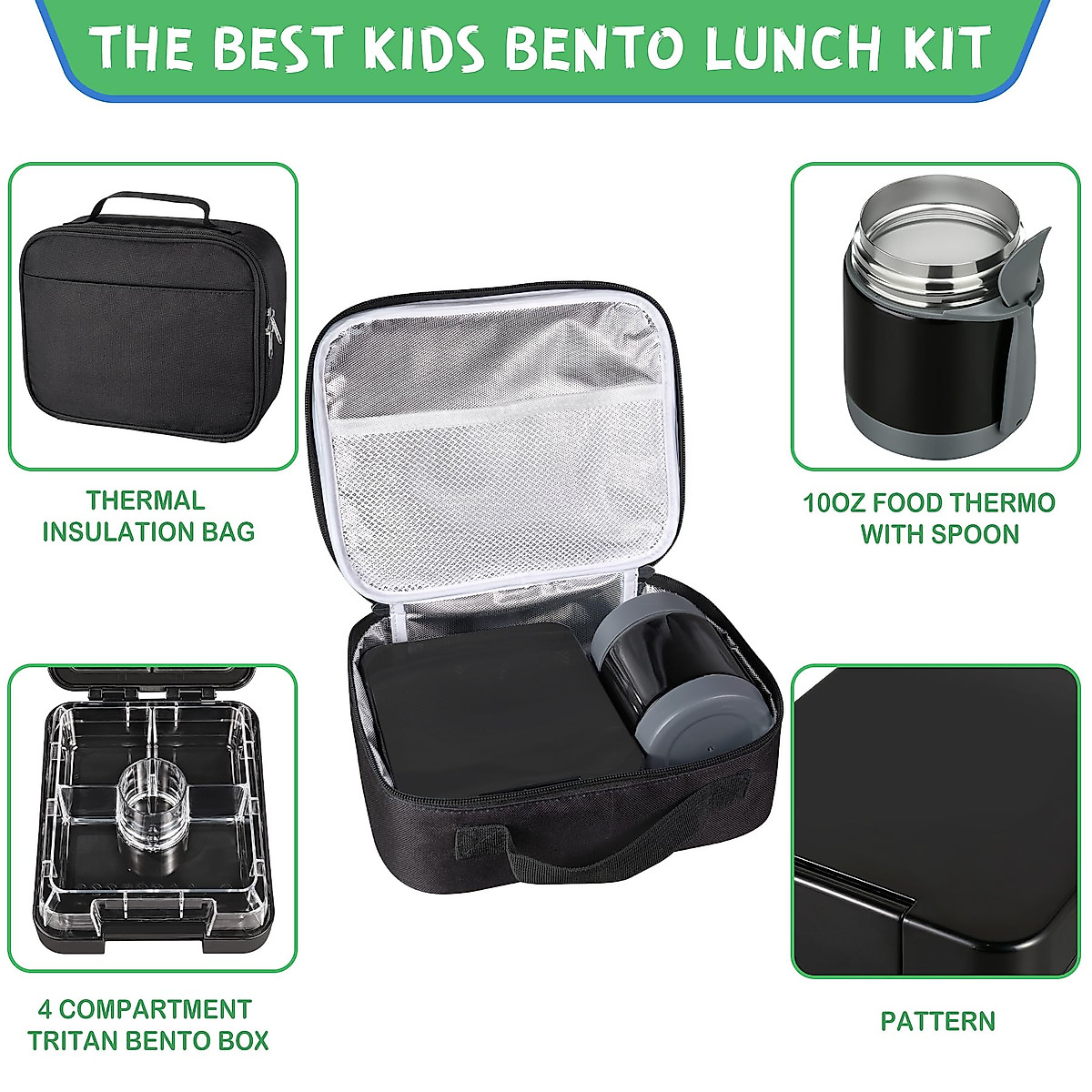 Pawtong Bento Lunch Box Set With 10oz Soup Thermo, Leak-proof Lunch Containers with 4 Compartment, Kids Hot Thermo Food Jar/Insulation Lunch Bag, Food Containers for School (Black)
