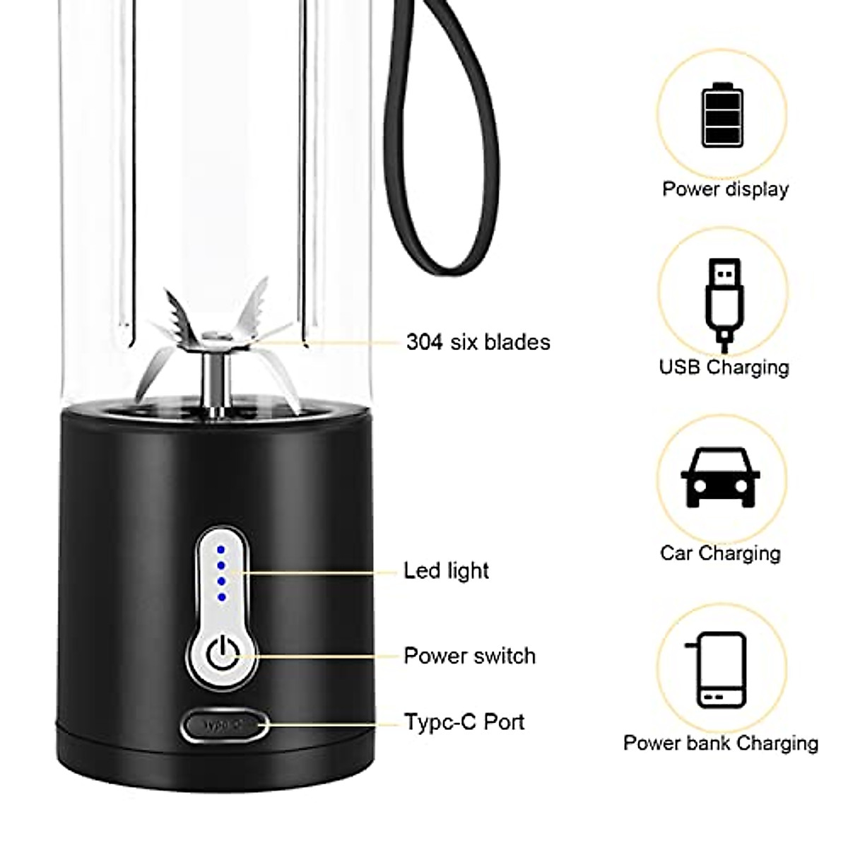 Portable Blender for Shakes and Smoothies, Upgraded 18Oz Portable Blenders with 6 Blades and Type-C Rechargeable, Fruit Veggie Juicer Electric Mini Portable Mixer Cup for Travel Sports Kitchen (Black)