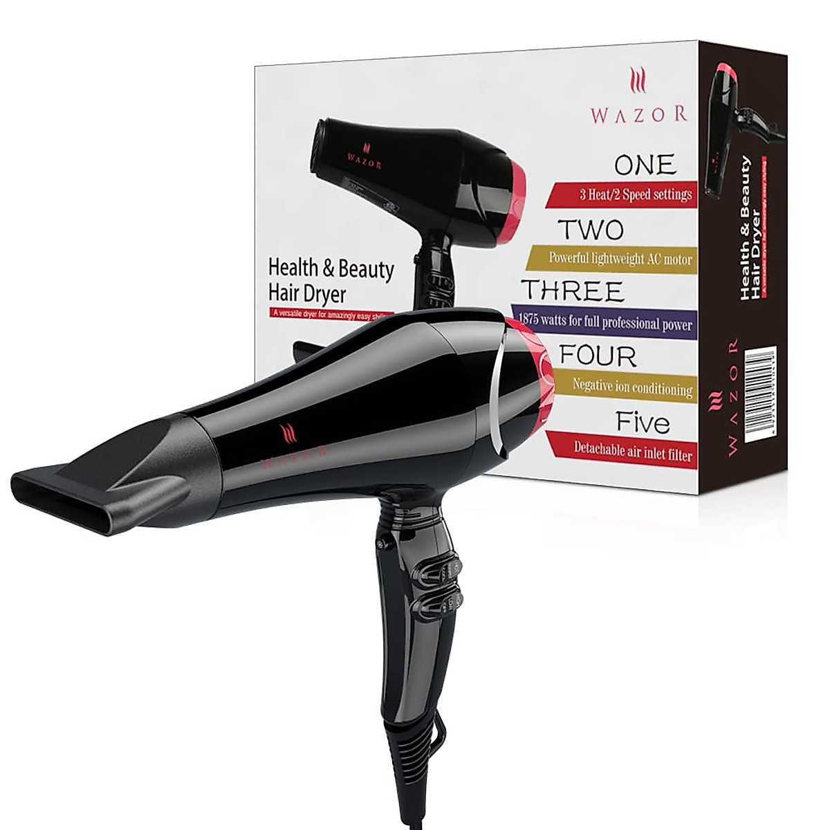 Professional Negative Ionic Hair Dryer, 1875W Salon Lightweight Blow Dryer with Pro AC Motor, Fast Dryer with Concentrator Nozzle and 2 Speed & 3 Heat Settings, Black