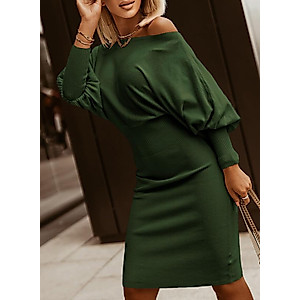Dokotoo Green Sweater Dress for Women Elegant Off Shoulder Long Lantern Sleeve Elastic Waist Bodycon Sexy Pullover Mini Dresses Knee Length Large