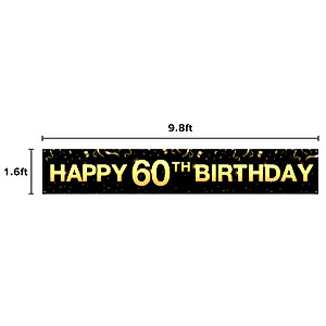 Greatingreat Large Cheers to 60 Years Banner, Black Gold 60 Anniversary Party Sign, 60th Happy Birthday Banner(9.8feet X 1.6feet)