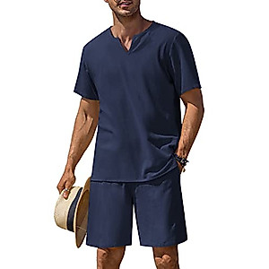 COOFANDY Men's 2 Pieces Short Sets Cotton Henley Shirts Short Sleeve Casual Beach Shorts Summer Yoga Outfits