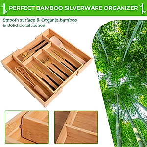 JS HOME Bamboo Expandable Drawer Organizer for Utensils Holder, Adjustable Silverware Organizer and Cutlery Tray, Wood Drawer Dividers Organizer for Silverware, Flatware, Knives in Kitchen