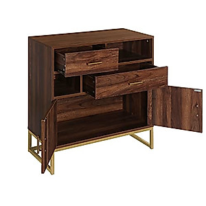 Anmytek Mid Century Wood 2 Doors Accent Storage Cabinet, Farmhouse Walnut Kitchen Buffet Sideboard with Drawers and Shelves Entryway Living Room H0038