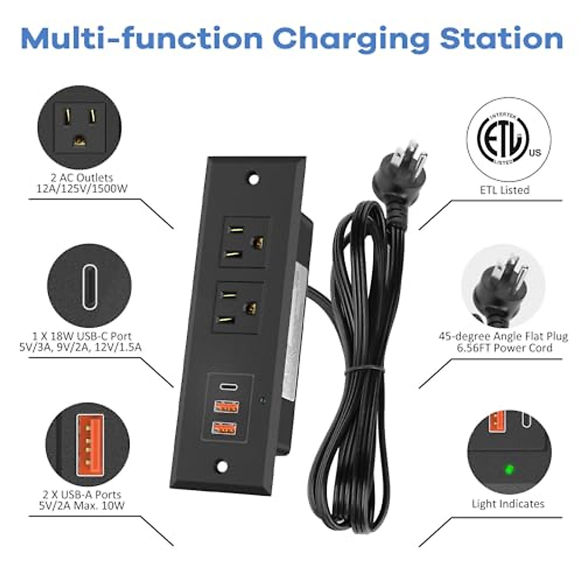 Recessed Power Strip with PD 20W USB C, Desk Outlet with 2 USB-A and 1 USB-C Ports, Recessed Power Socket Charging Station, Furniture Outlet for Drawer, Side Table, Sofa Table, 6.56FT Cord Flat Plug