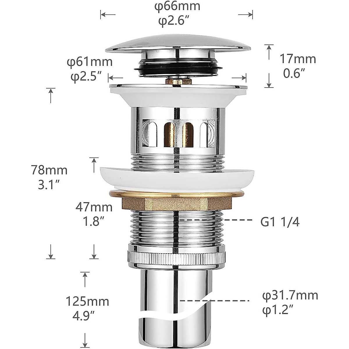 Solid Brass Lavatory Vessel Pop Up Drain Assembly Sink Pop-Up Drain Stopper Assembly with Overflow for Bathroom Faucet Vanity Sink, All Brass Construction(Chrome Plated)