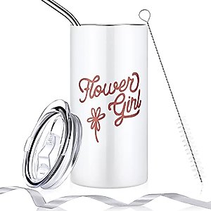 Yungyan Flower Girl Gift Flower Girl Proposal Gift Flower Girl Cup Water Bottle with Straw Cleaning Brush Ribbon Kids Tumbler for Wedding Party Gift from Bride (White, 1 Set)