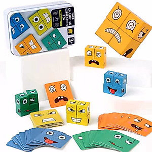 LELEMON Wooden Expressions Matching Block Puzzles Building Cubes Toy Borad Games Educational Montessori Toys for Toddler