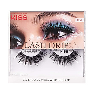 KISS Lash Drip False Eyelashes, Spiky X Boosted Volume, Unique Wet Look Hydrated Effect, Multi-Length Rewearable Fake Eyelashes, Wispy Crisscross Lash Pattern, Style ‘Drenched’, 1 Pair