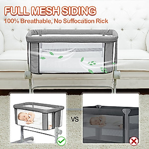 Babevy Baby Bassinet Bedside Sleeper Bedside Crib, Crib Adjustable Height Portable Bassinet with Wheels and Music Box for Newborn Baby, Mattress and Travel Bag Included, Linen-Grey