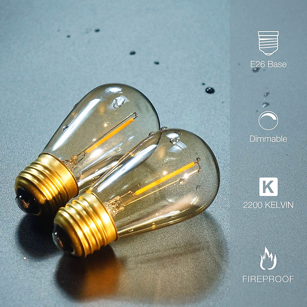 Hizashi 25 Pack S14 String Light Bulbs Replacement, Amber 2200K 11W S14 LED Bulbs for Outdoor String Lights, 1W Dimmable Shatterproof Waterproof, E26 Base Ediosn Bulbs, UL Listed