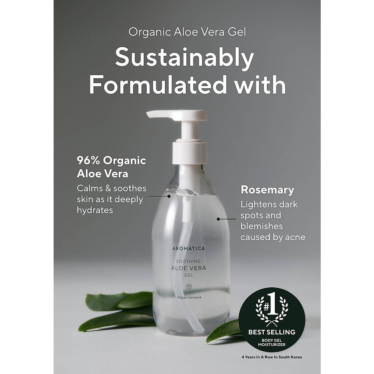 AROMATICA Organic Aloe Vera Gel 10.14oz/300ml, After Sun Care And Sunburn Relief with Pure Aloe Vera Gel Face&Hair, Sun Burn Moisturizer EWG Verified