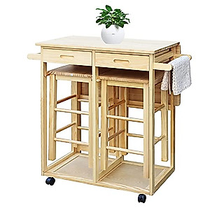 ANTSKU 3Pcs Drop Leaf Table, Rolling Kitchen Tables for Small Spaces, Space Saving Dining Table Set for 2, Natural