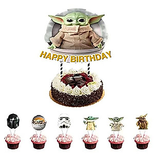 Baby Yoda Party Supplies Set includes 25pcs Yoda cake topper ,One Big Baby yoda Balloon ,6pcs STICKY HANDS , Spiderman Stretchy Window-Crawler (5 Units), Very interesting toy gift set