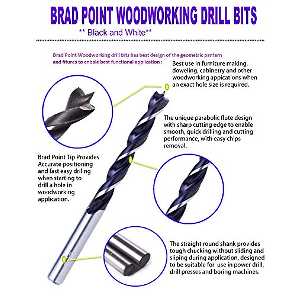Brad Point Drill Bit Set 3/16 Inch 10Pcs Spur Point Stubby Woodworking Drill Bits