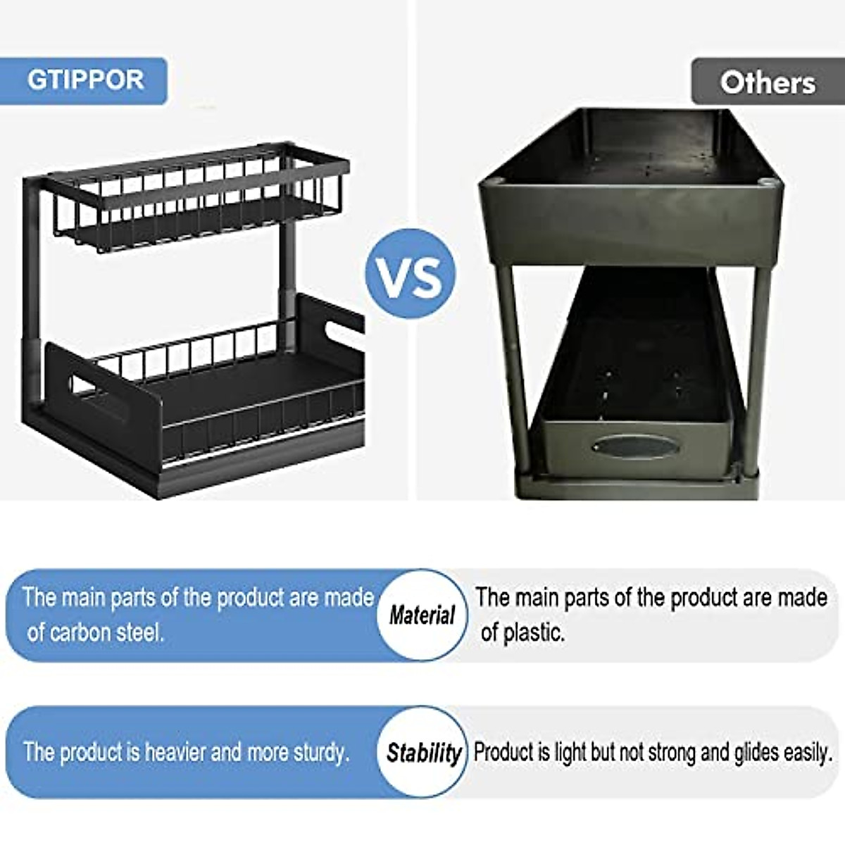 Under Sink Organizer - 2 Tier Bathroom Countertop Organizer Under Cabinet Storage for Kitchen, Under Sink Sliding Shelf Organizer Rack, Multi-Use Under Kitchen Sink Organizers and Storage