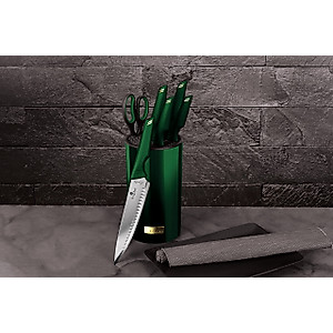 Berlinger Haus Kitchen Knife Set with Block, 7 Piece Knives Set for Kitchen, Modern Cooking Knives with Kitchen Shears, Sharp Cutting Stainless Steel Chef Knife Set with Mobile Stand, Green