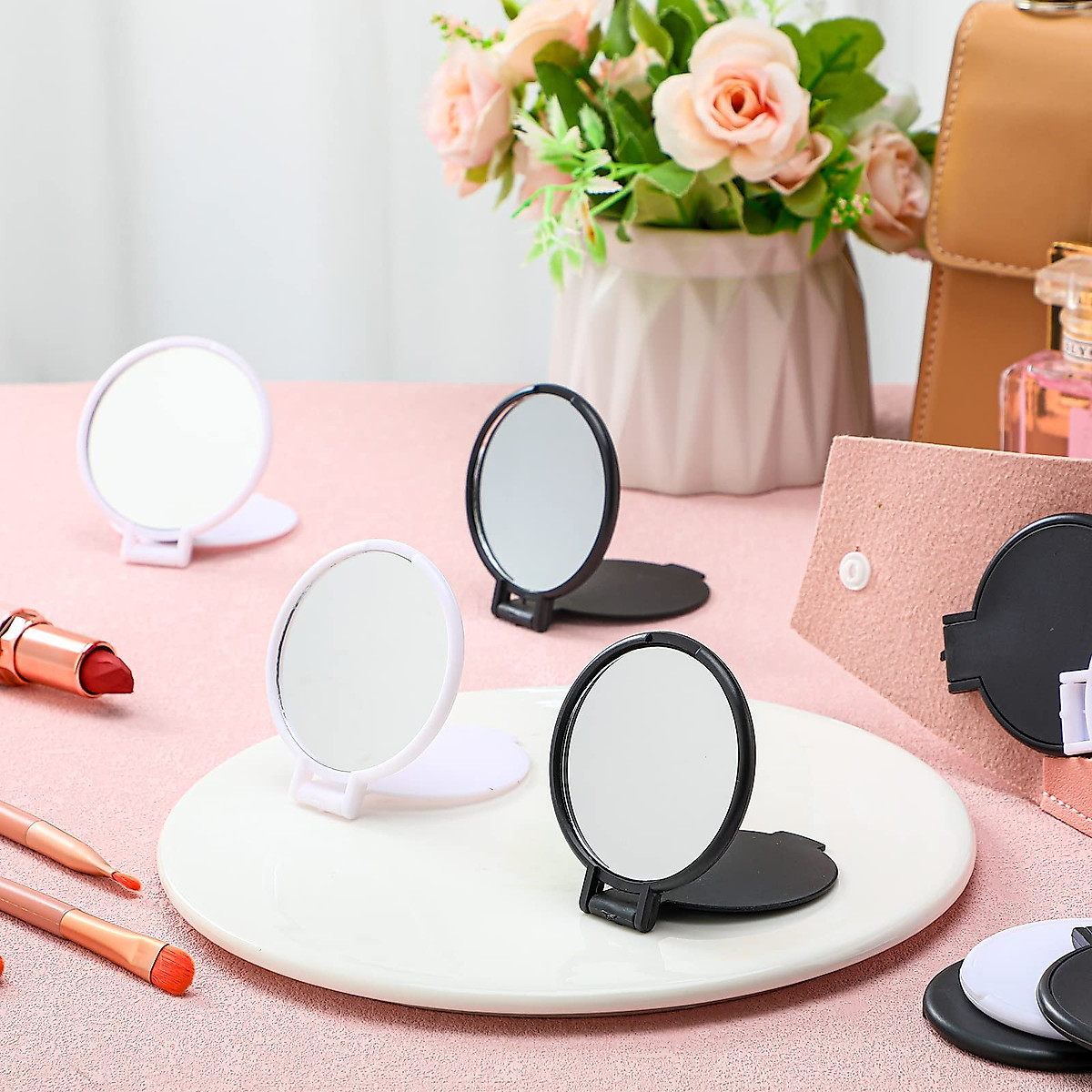 150 Pieces Mini Folding Round Compact Portable Pocket Mirror Bulk Travel Makeup Small Vintage Mirror for Cosmetic Purse Bag Women Daily Use, Black and White