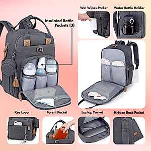 Dikaslon Diaper Bag Backpack with Portable Changing Pad, Pacifier Case and Stroller Straps, Large Unisex Baby Bags for Boys Girls, Multipurpose Travel Back Pack for Moms Dads, Dark Gray