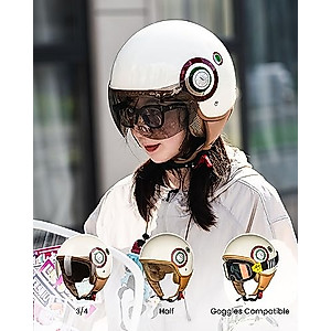 ILM 3/4 Open Face Motorcycle Helmets for Women Men Retro Moped Scooter Cruiser Casco Vintage Half Helmet DOT ECE Model B-100E (Cream White,L)