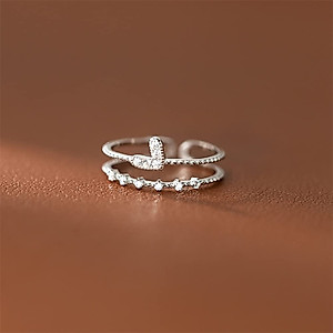 Dtja Layered CZ Heart Promise 925 Sterling Silver Ring for Women Girls Crystal Forever Love Statement Stacking Expandable Open Rings Adjustable Comfort Fit Wedding Valentine Birthday Jewelry Gift
