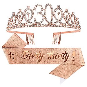 30th Birthday Sash & Rhinestone Tiara Kit- "Dirty thirty" Happy 30th Birthday Decorations for Women 30th Birthday Gifts Party Decorations(rose gold)