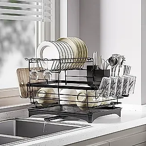MontNorth Dish Drying Rack for Kitchen Counter, Large Rust-Proof Dish Strainer with Drainboard,2 Tier Dish Drainers with Utensil Holder, Cups Holder,Space-Saving, Easy to Assemble,Black