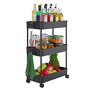 Boeeoan 3 Tier Rolling Utility Storage Cart, Mobile Shelving Organizer with Hooks for Kitchen Bathroom Laundry Room Living Room, Black