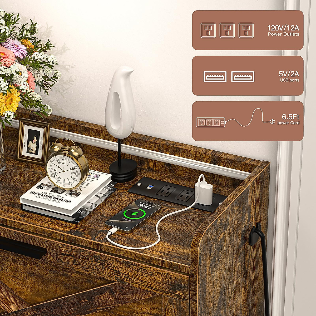 HAIOOU 2 Drawer Industrial Shoe Cabinet, Slim Freestanding Wood Shoe Rack Storage Organizer Stand with Flip Doors, Open Storage Shelf, Anti Toppling for 15-18 Pairs Rustic Brown