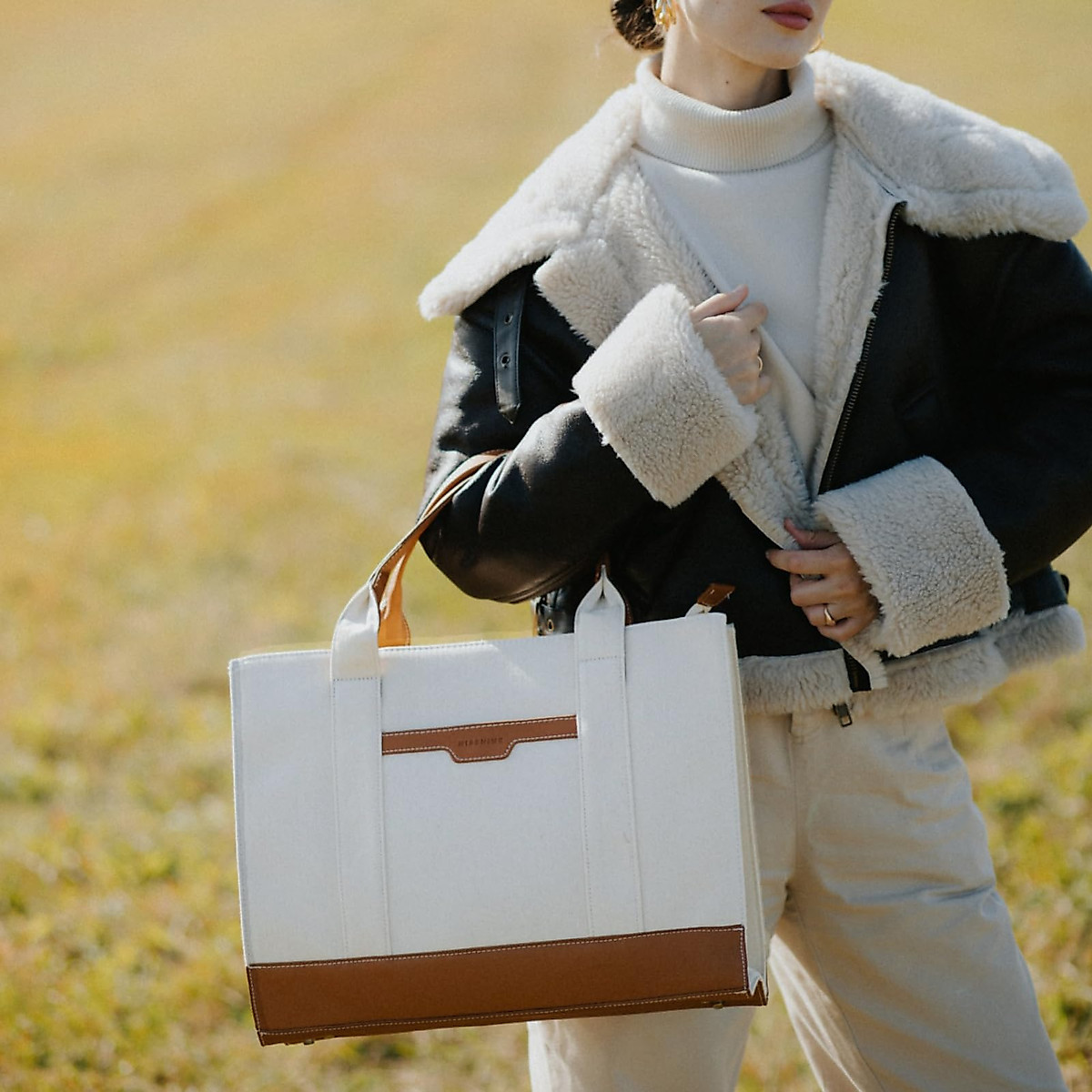 Missnine Tote Bag Canvas Laptop Bag 15.6 inch Briefcase for Women Large Capacity Handbag for Office, College, Travel (Brown+Beige)