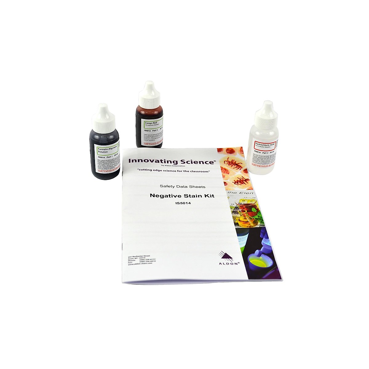 ALDON Innovating Science Negative Stain Kit - Set of 3 30mL Microscope Stains - Congo Red, Hydrochloric Acid, Formalin Nigrosin Solution