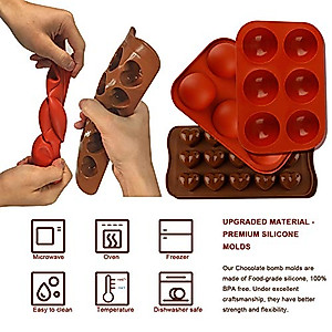 Jasilon [UPGRADE SAFE MATERIAL] 2 Chocolate Bomb Molds + 1 Heart Shaped Silicone Mold, Medium Semi Sphere Silicone Mold, 6 Holes Round Silicone Molds for Hot Chocolate Bombs,Cake,Jelly,Mousse-Red