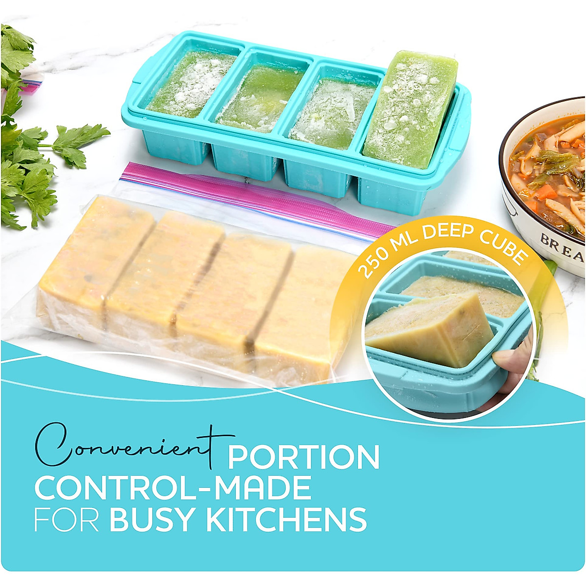 XOMOO Silicone Freezer Tray With Lid - Soup Freezer Container molds - Large Ice Cube Tray- makes 8 perfect 1 cup portions cubes, 2-Pack Freezer Storage Food Soups & Meal Prep - Oven & Dishwasher -Safe