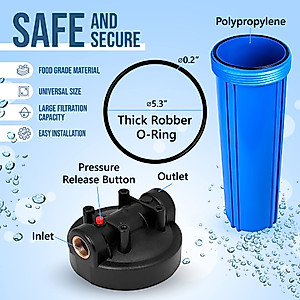 High Capacity 20 x 4.5” Blue Whole House Water Filter Purifier System with Presser Relief Button, 1” Inlet/Outlet Brass Port & Yearly Supply (3) Coconut Shell Activated Block Carbon Cartridges