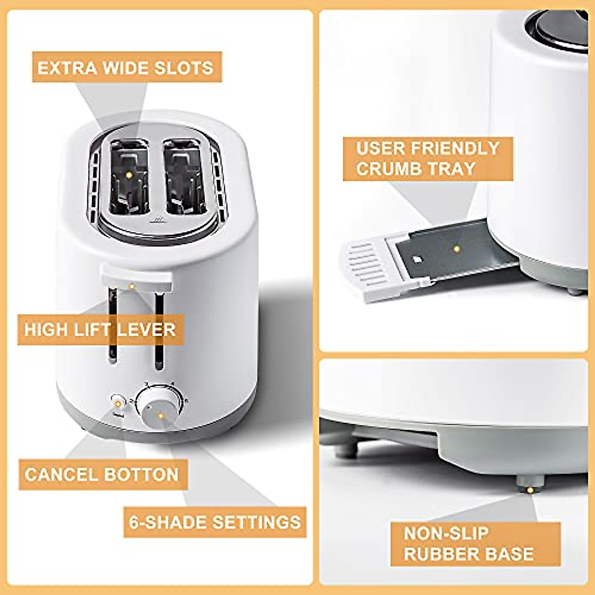 2 Slice Toaster, ROCKURWOK Extra Wide Toaster with Toast Boost, Slide-Out Crumb Tray, Auto-Shutoff and Cancel Button, White