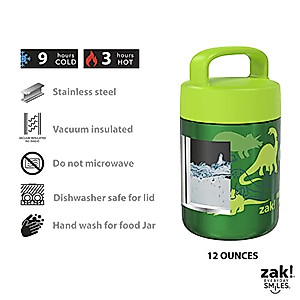 Zak Designs Kids' Vacuum Insulated Stainless Steel Food Jar with Carry Handle, Thermal Container for Travel Meals and Lunch On The Go, 12 oz, Dino Camo
