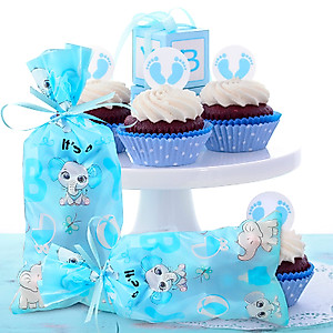 Outus 100 Pieces Elephant Cellophane Bags Cute Elephant Treat Bags with a Roll of Ribbon for Chocolate Candy Snacks Cookies Baby Shower Elephant Themed Party Supplies, It's a Boy