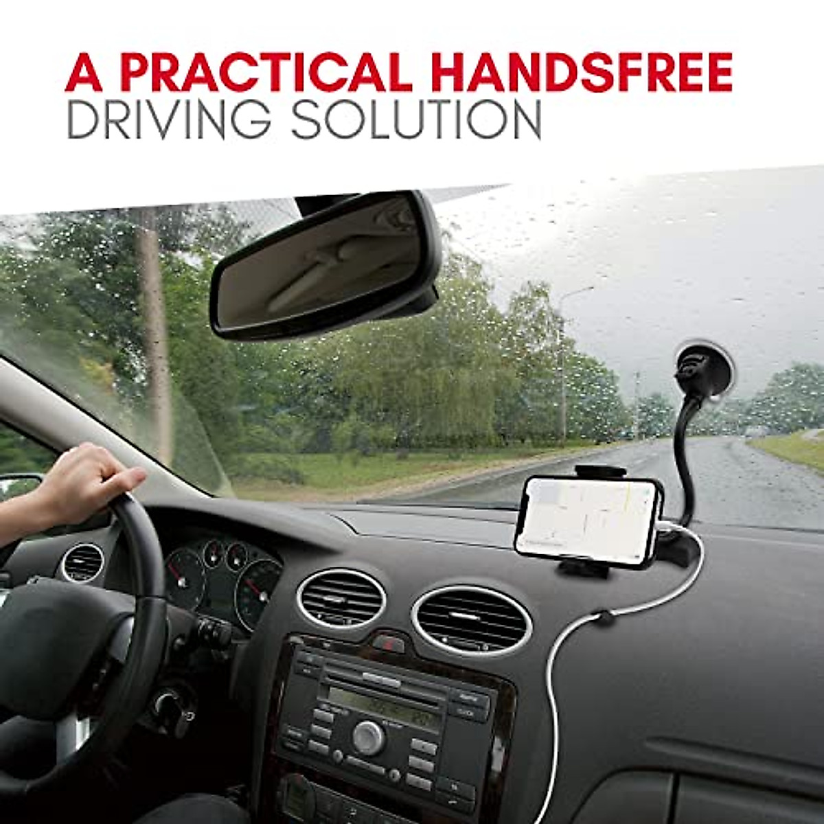 Macally Windshield Phone Mount for Car, Super Strong Suction Cup Phone Holder for Truck - Universal Gooseneck Window Phone Mount for Car, Compatible with iPhone, Samsung, Cell Phone, Android, Mobile