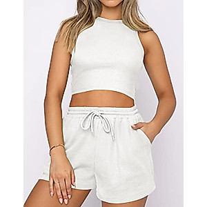 ZESICA Women's Waffle Knit Sleeveless Crop Top and Shorts Pullover Nightwear Lounge Pajama Set with Pockets,CropWhite,Small