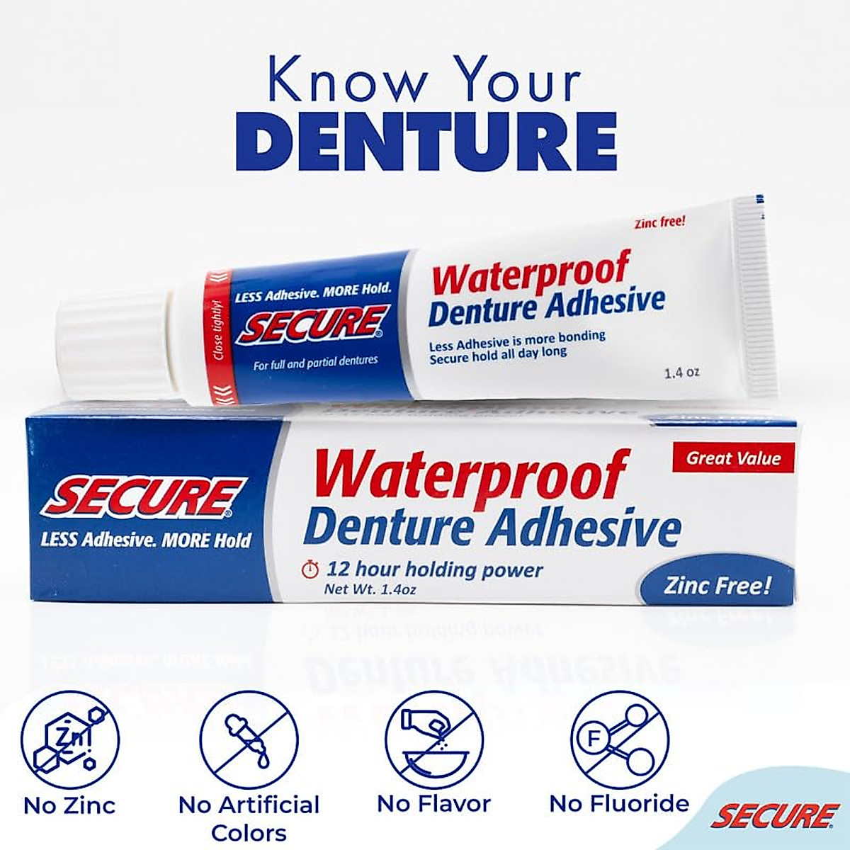 Secure Waterproof Denture Adhesive - Zinc Free - Extra Strong Hold For Upper, Lower or Partials - 1.4 oz (Pack of 4)