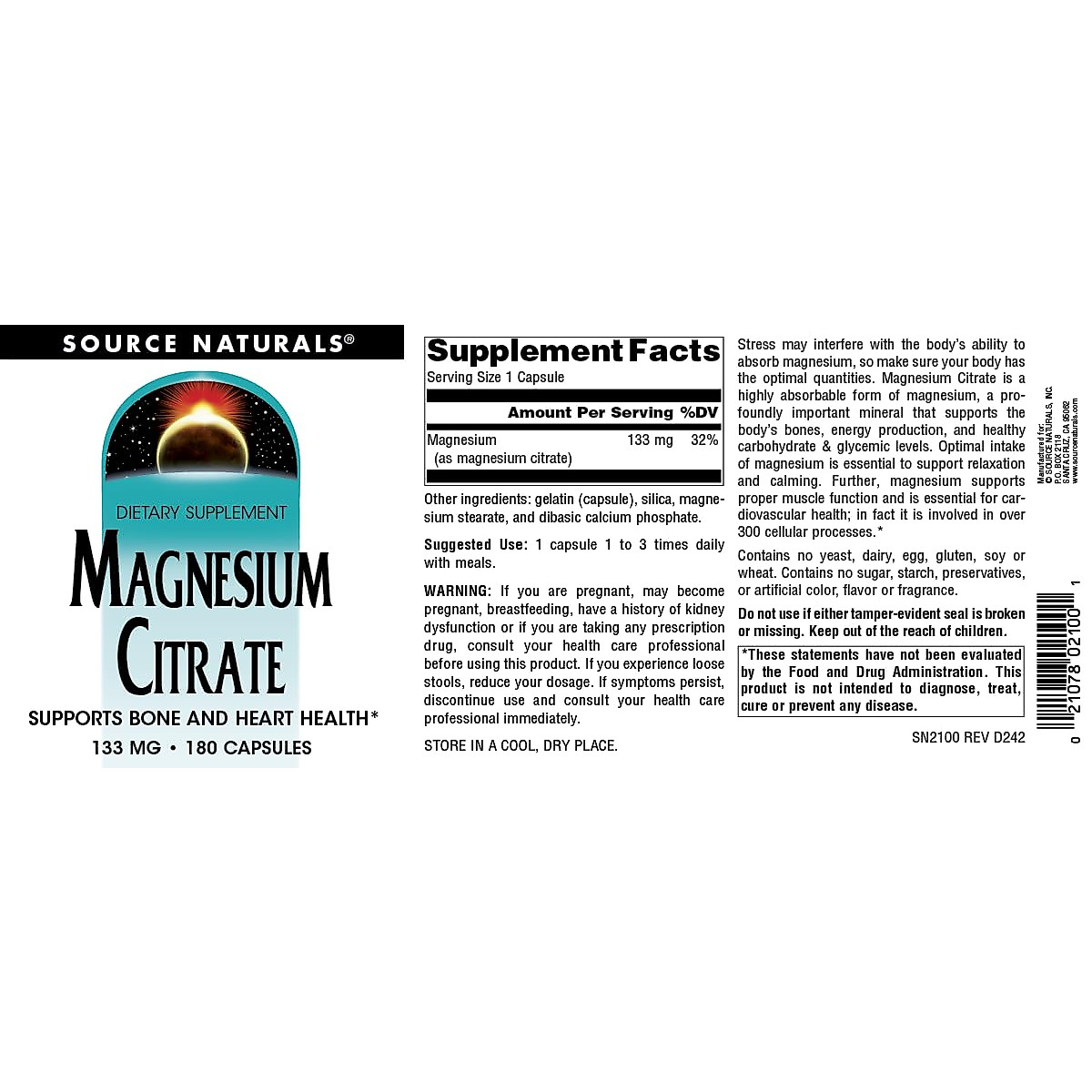 Source Naturals Magnesium Citrate, Supports Bone and Heart Health* 133 mg - 180 Capsules