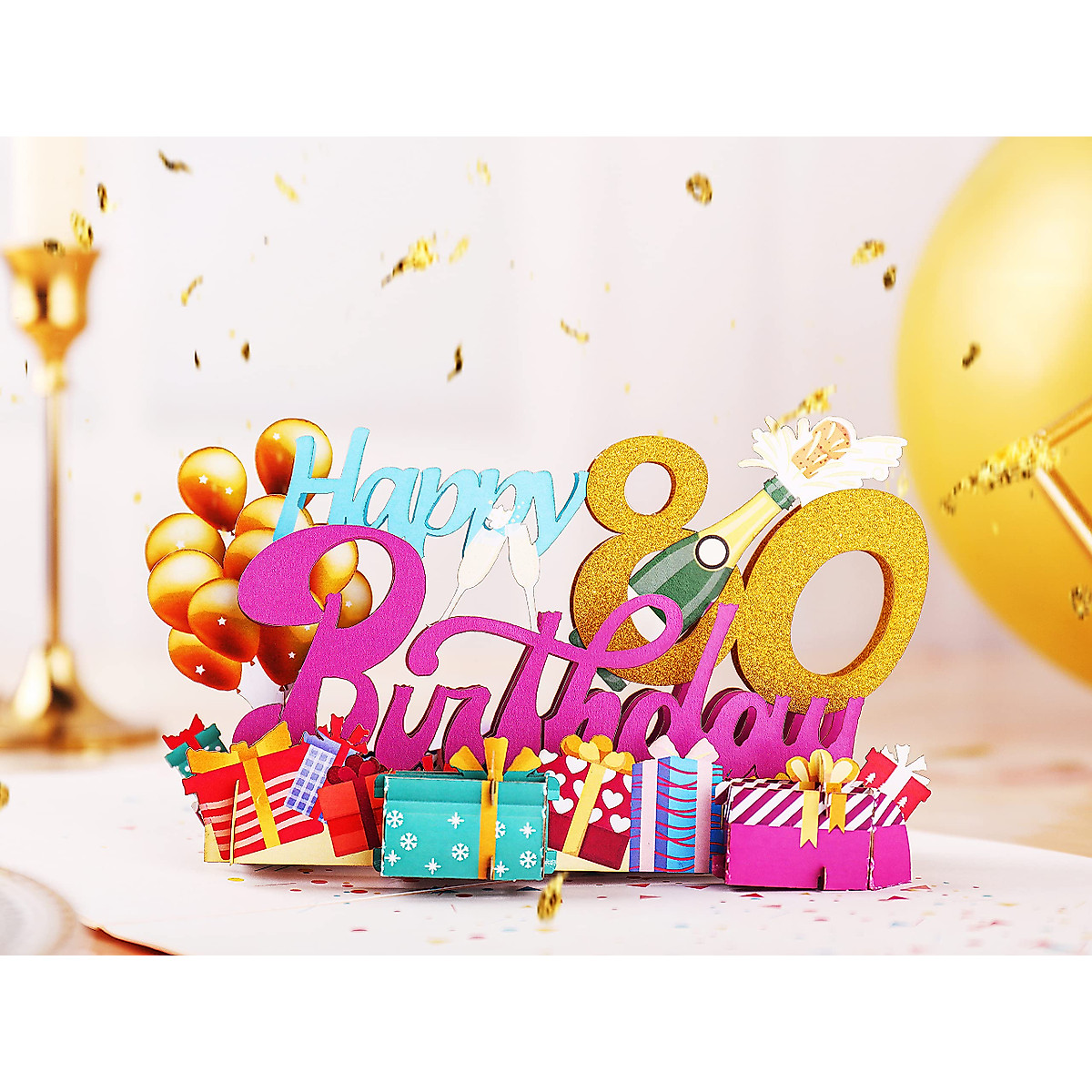 Liif Happy 80th Birthday Pop Up Card, 80th Birthday Card For Women, Men, Mom, Dad | With Message Note & Envelop | Size 8 X 6 Inch