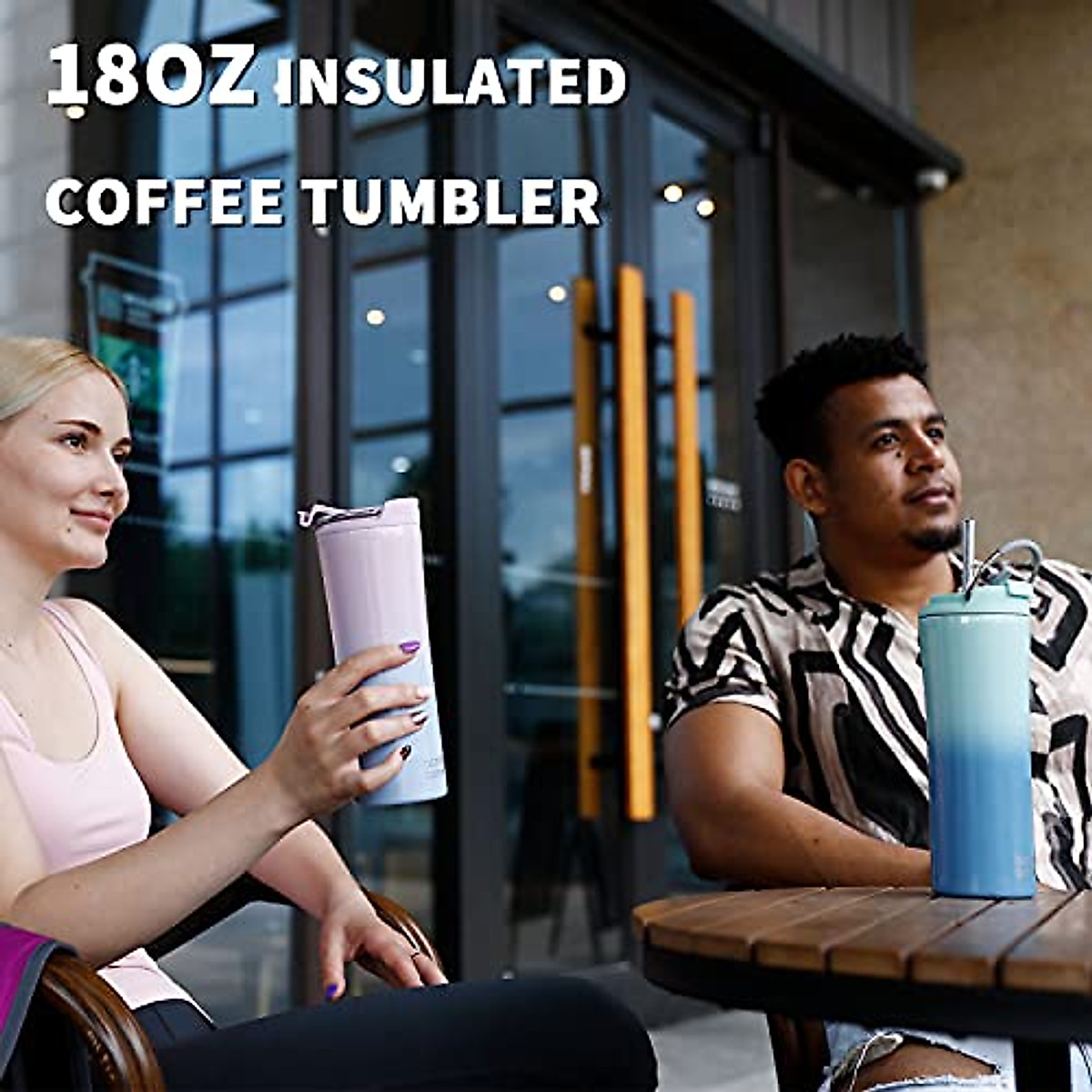 BOTTLE BOTTLE Insulated Coffee Tumblers with Dual-use Lid and Straw Double Walled Iced Travel Coffee Mug for Woman and Man 18 oz Stainless Steel Tumbler with Handle(Pink Blue