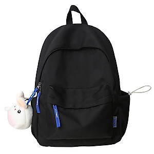 Aesthetic Backpack with Cute Plush Pendant Y2K Preppy Laptop Bookbag Indie School Supplies Back to School Backpack (Black)