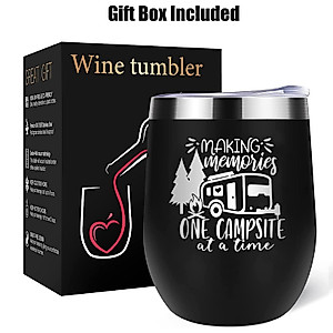 Joyloce Camper Wine Tumbler Coffee Mug, Camping Gifts Cup Stemless Tumblers with Lid Stainless Steel Insulated Vacuum 12 Oz, Gifts for Camping Lover RV Gifts, Making Memories One Campsite At A Time