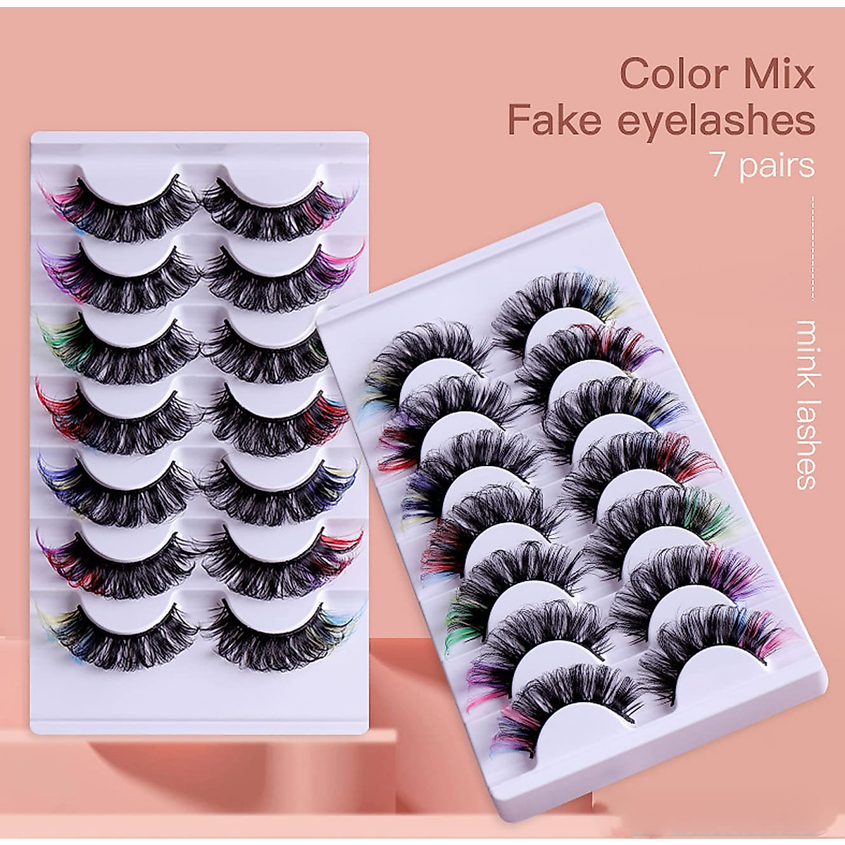Colored Eyelashes Mink Lashes With Color on End, Fluffy Colorful Lash Clusters, Dramatic Long Thick Cat Fox Eye Lashes Full Curly False Eyelash, 3d D Curl Salon Extensions Strip Pack 7 Pairs