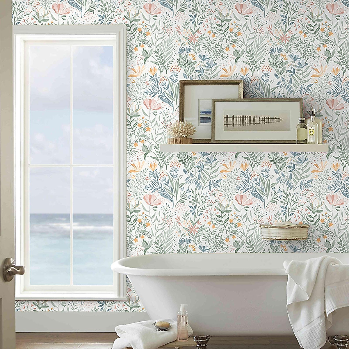 Fititem Floral Peel and Stick Wallpaper Floral Boho Contact Paper Flower Wallpaper Removable Self Adhesive Wallpaper Wildflower Botanical Nursery Wallpaper Bedroom Bathroom Waterproof Leaf 17.3”×78.7”